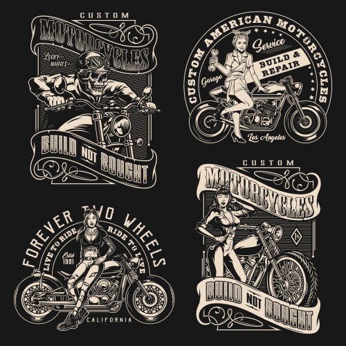 One color vintage motorcycle graphic set Vector Image