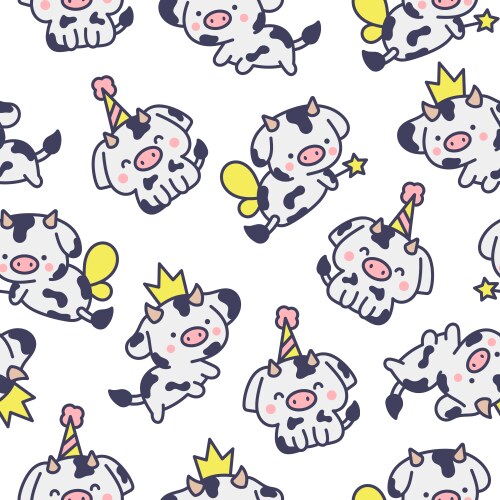 Cute kawaii baby cow seamless pattern coloring Vector Image