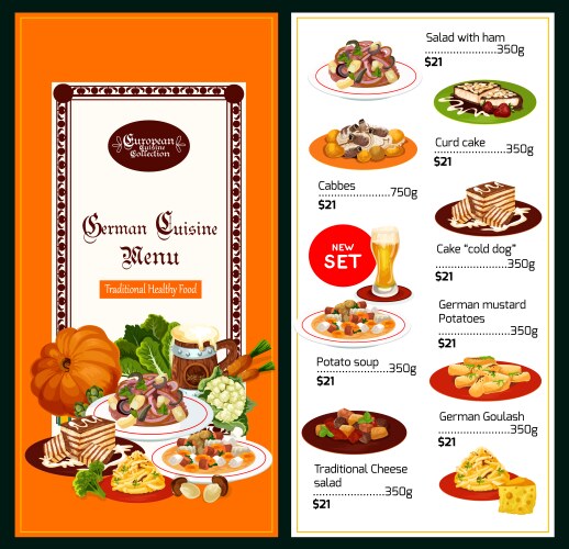 German food restaurant menu template Royalty Free Vector