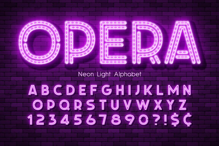 Neon alphabet retro letters on brick wall Vector Image