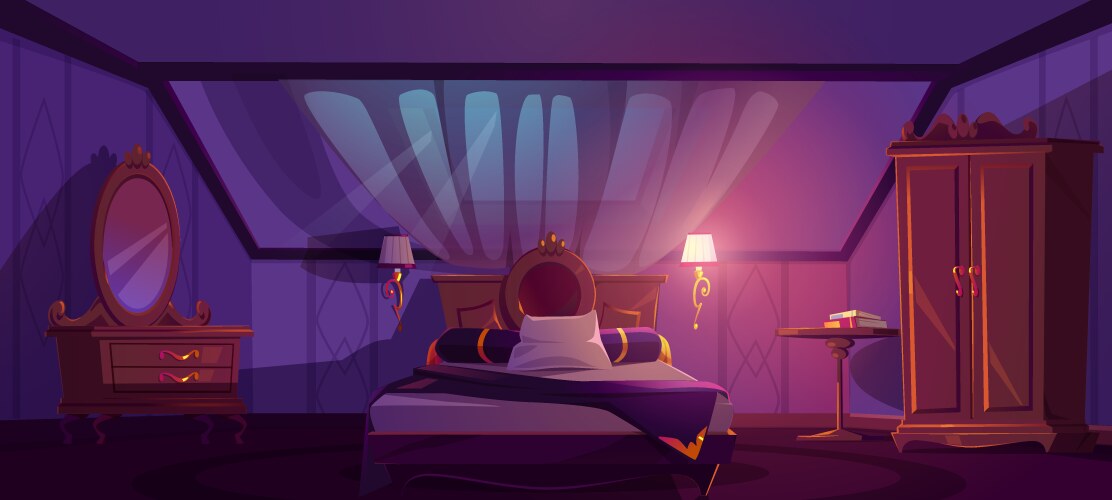 Night hotel bedroom cartoon interior Royalty Free Vector