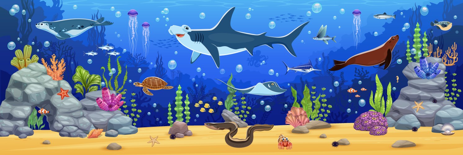 Ocean Floor Cartoon Poster Hand Drawn Vector Cartoon Underwater