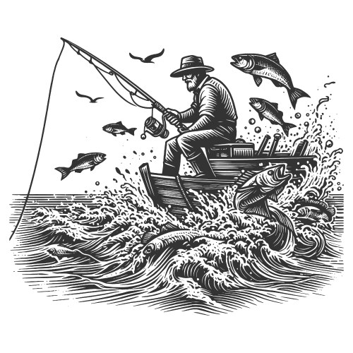 Fisherman boat fishing sketch Royalty Free Vector Image