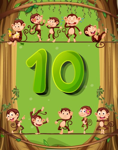 Number five with 5 monkeys on the tree Royalty Free Vector