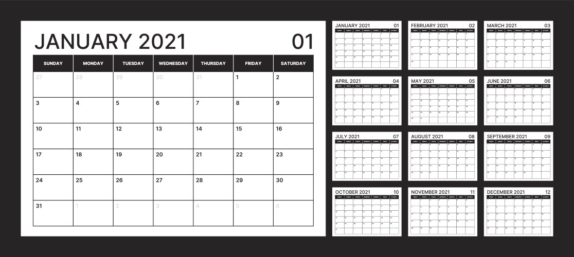 Wall calendar template for 2021 year planner Vector Image