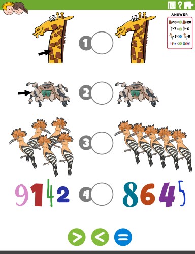 Greater less or equal task with wild animals Vector Image