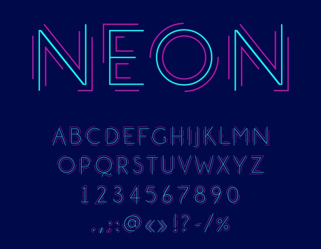 Neon type font glowing alphabet letters Royalty Free Vector