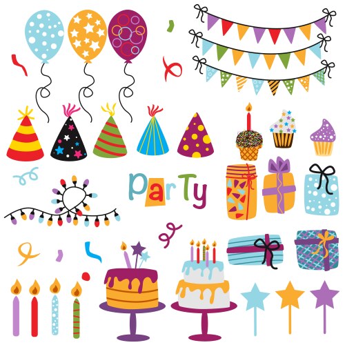 Happy birthday symbols set Royalty Free Vector Image