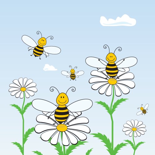 Bees flying over some flowers Royalty Free Vector Image