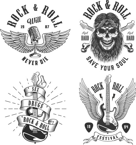Set of rock and roll music symbols with guitar Vector Image