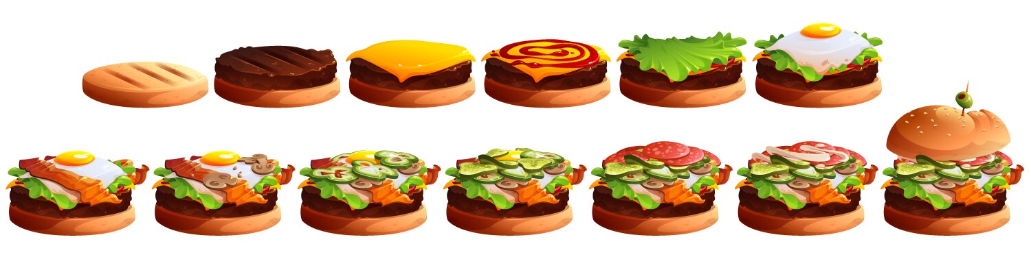 Burger cooking stages hamburger layers Royalty Free Vector