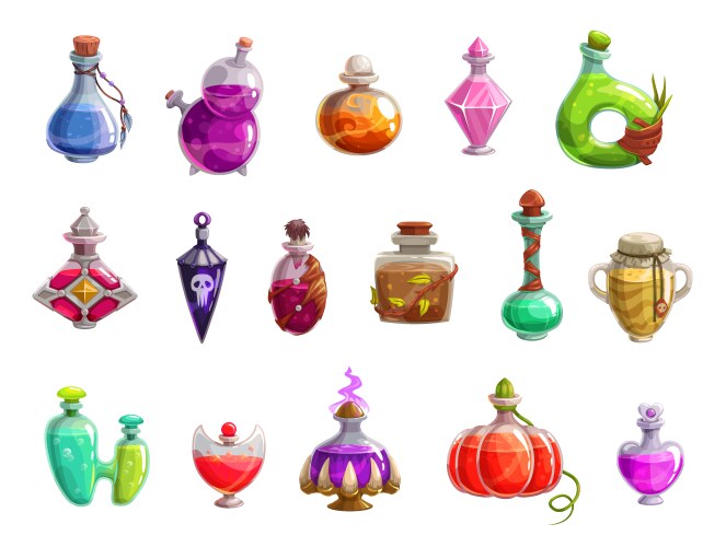 Potion bottles icons elixir in glass flasks Vector Image
