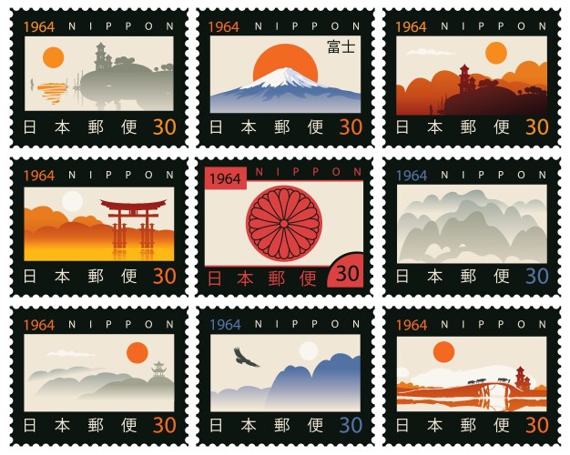 Set of old postage stamps with japanese symbols Vector Image