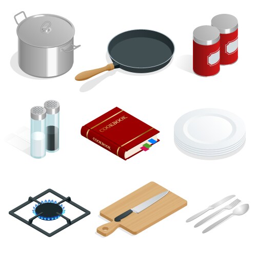 Kitchen utensils isometric icons Royalty Free Vector Image
