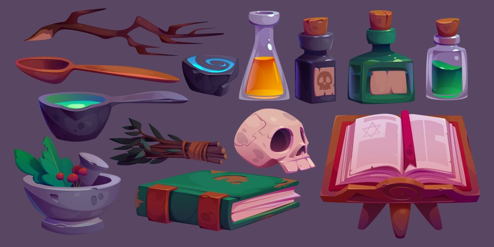 Cartoon magic items elements isolated icons set Vector Image