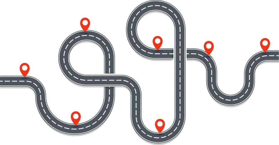 Winding road map for journey location pins Vector Image