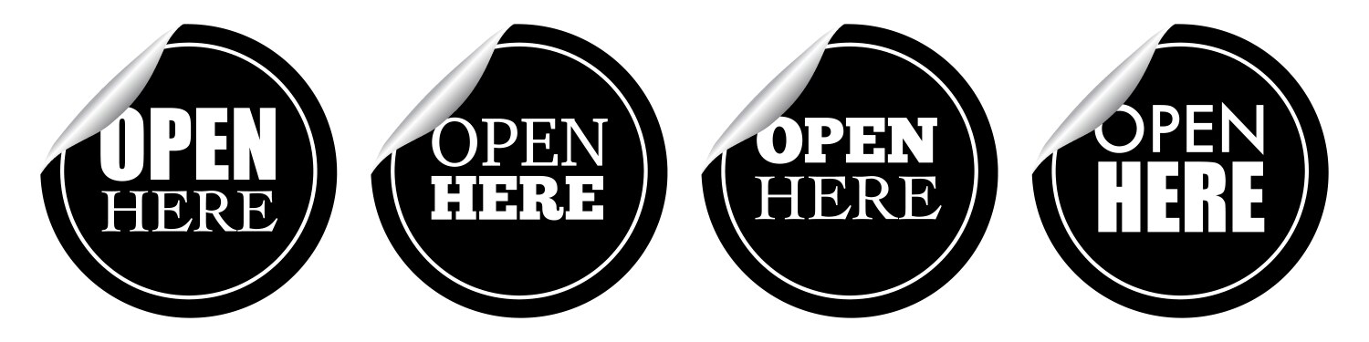 Open here sticker realistic style Royalty Free Vector Image