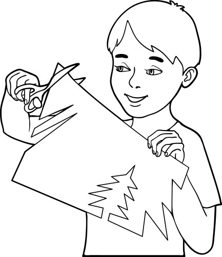 Boy is cutting color paper with scissors Vector Image