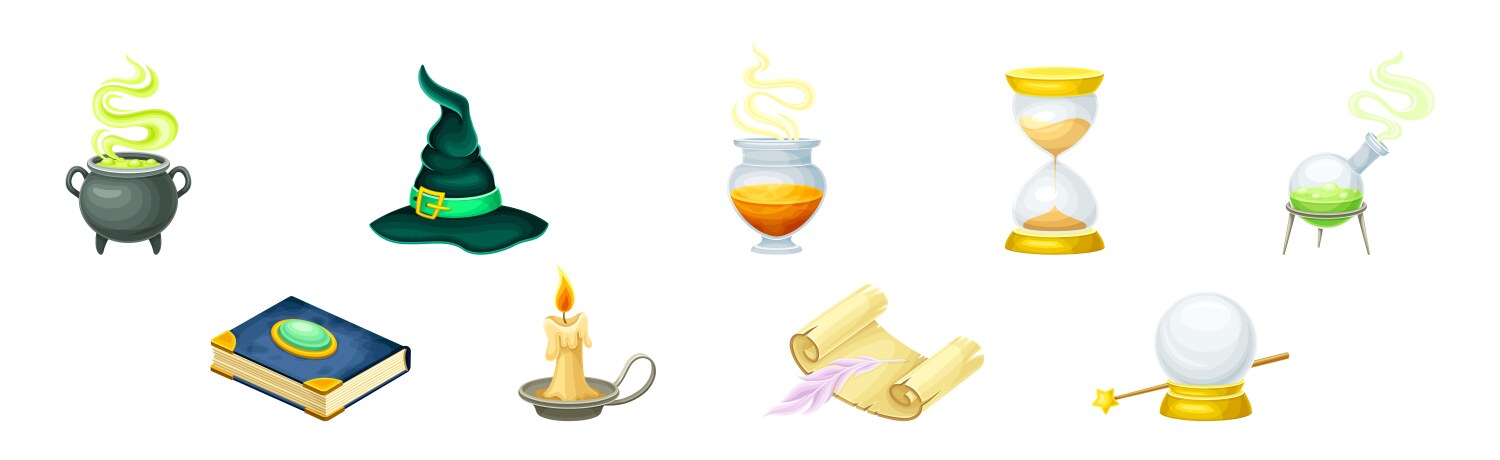 Magic object and element with cauldron hourglass Vector Image