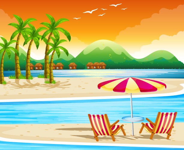 Sunset on beach flat panorama Royalty Free Vector Image
