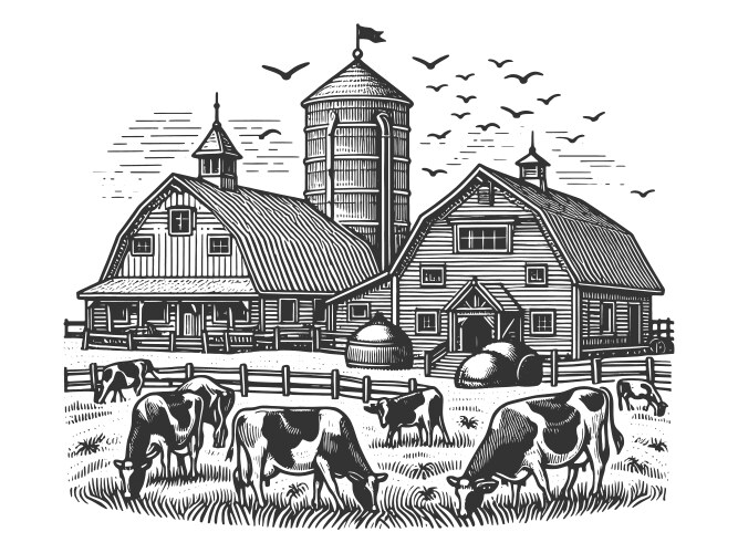 Rustic farm engraving with cattle and barn Vector Image