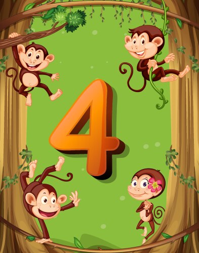 Number five with 5 monkeys on the tree Royalty Free Vector
