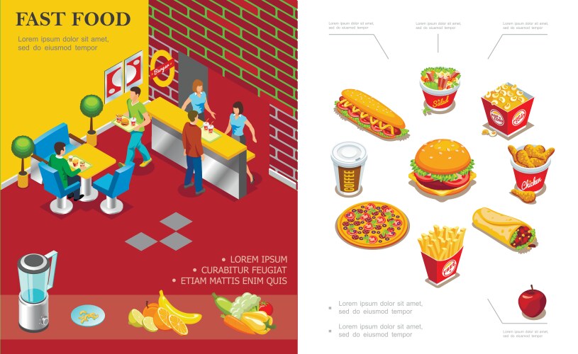 Isometric fast food elements set Royalty Free Vector Image