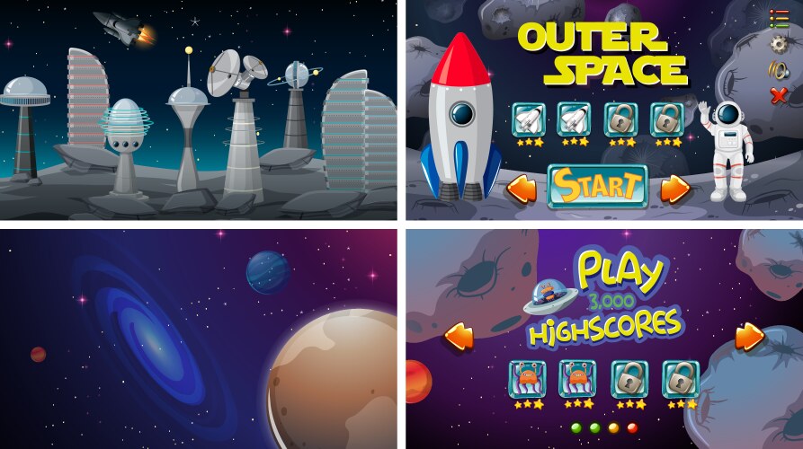 Gui app screens for space adventure game Vector Image