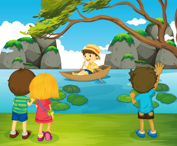 Cartoon boy fishing on a boat Royalty Free Vector Image