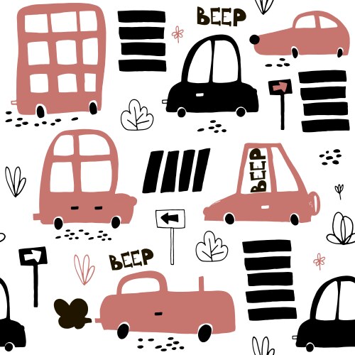 Seamless pattern with hand drawn retro racing cars
