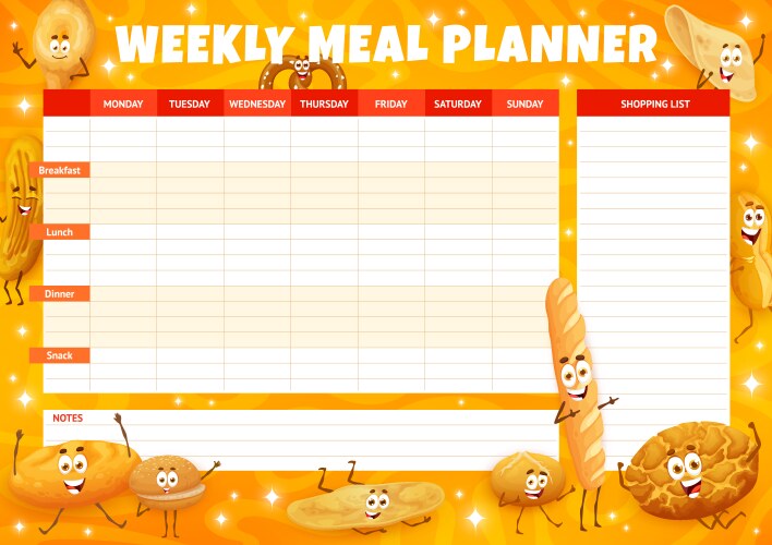 Weekly meal planner cartoon pastry characters Vector Image
