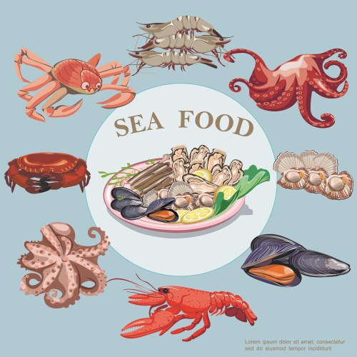 Sketch colorful seafood menu concept Royalty Free Vector