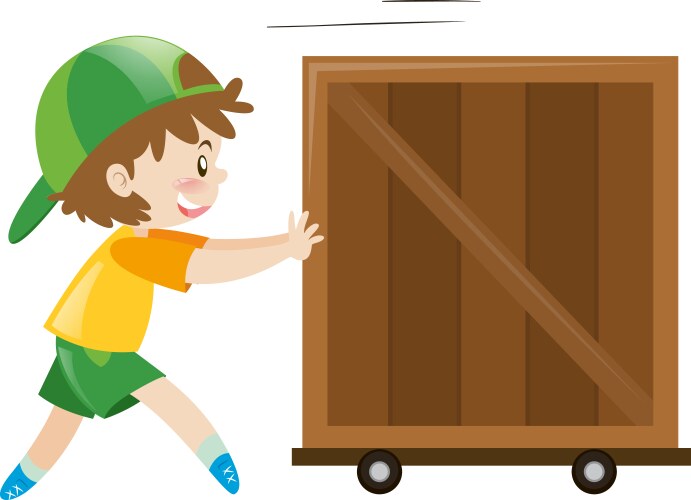 Happy boy pushing wooden box Royalty Free Vector Image