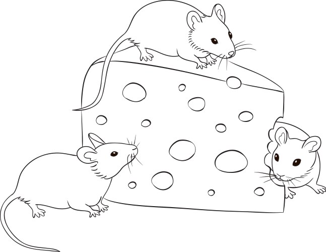 Cute mouse with cheese coloring page Royalty Free Vector