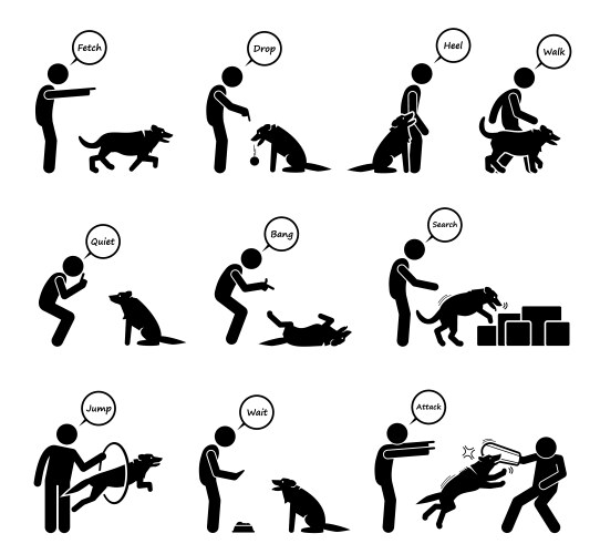 Basic dog commands and behavioral training icons Vector Image