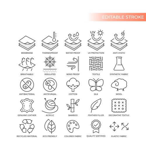 Fabric feature line icons comfort wear Royalty Free Vector