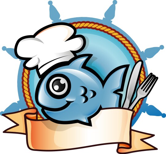 Chef cook holding trout fish shield cartoon Vector Image