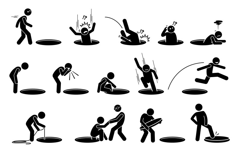 Cartoon man trapped in hole holding broken Vector Image
