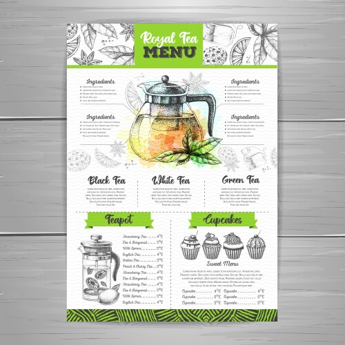 Hand drawing artistic restaurant royal tea menu Vector Image