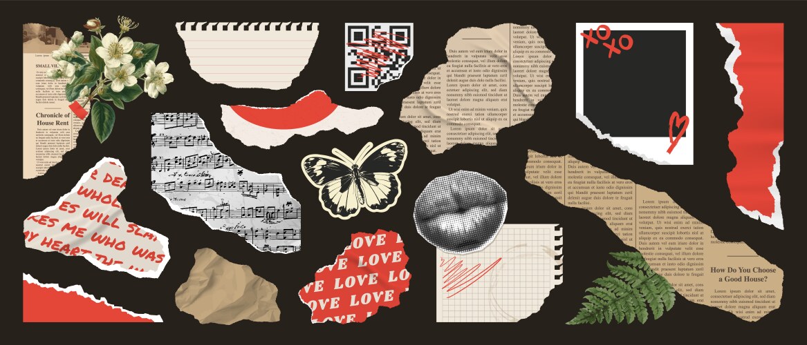 Set of paper cut elements torn newspaper collage Vector Image