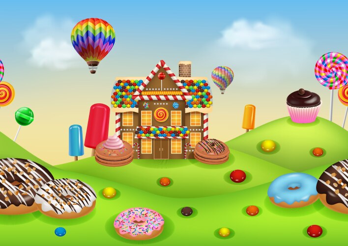 Cartoon candy land with gingerbread house Vector Image
