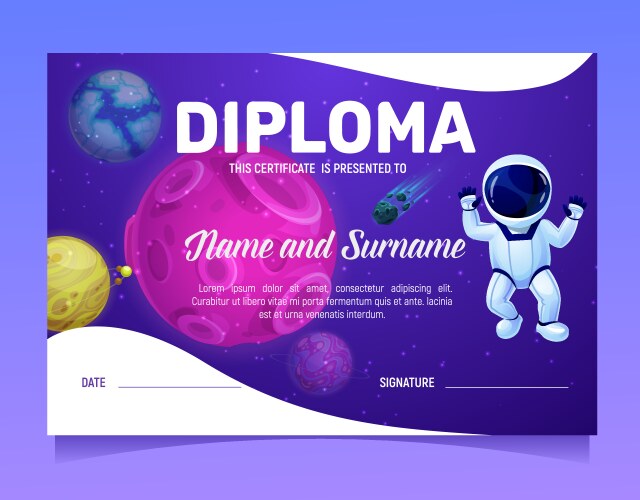 Astronaut diploma with kid spaceman space planets Vector Image