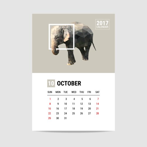 2016 october calendar elephant polygon Royalty Free Vector