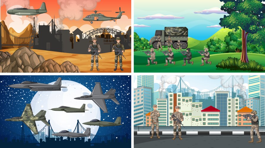 Set of different army war scenes Royalty Free Vector Image