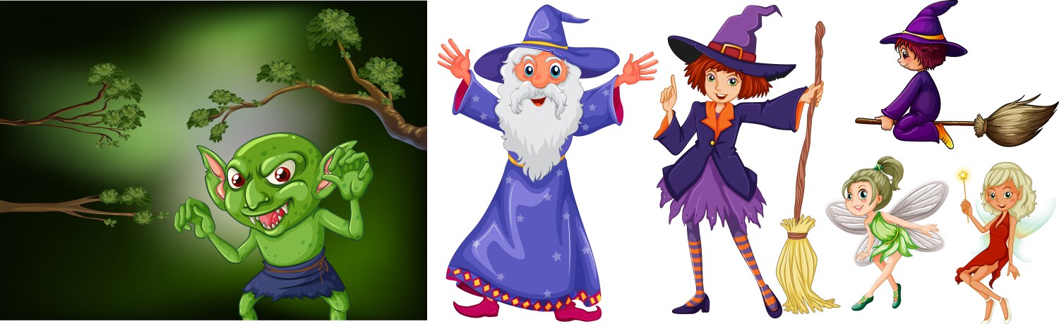 Border template with wizard and fairies Royalty Free Vector