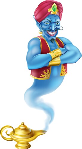 Genie in pink costume and golden lamp Royalty Free Vector