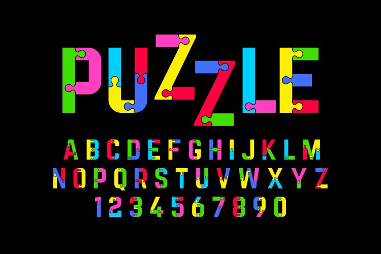 Puzzle font colorful jigsaw alphabet Royalty Free Vector