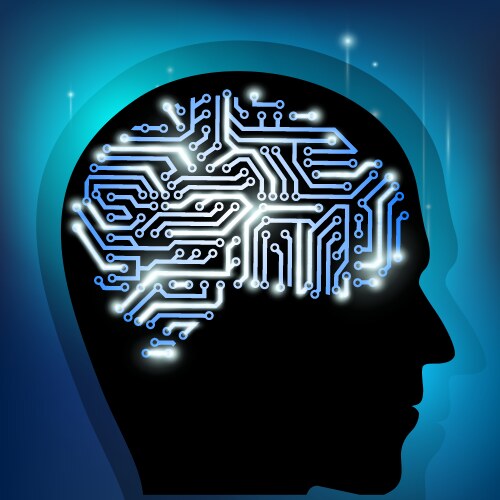 Human head with digital brain icon over blue Vector Image