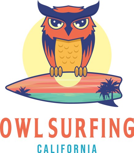 Owl surfing logo design inspiration with a sunset Vector Image