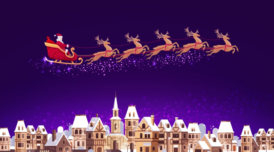 Santa rides reindeer sleigh flying in the sky Vector Image